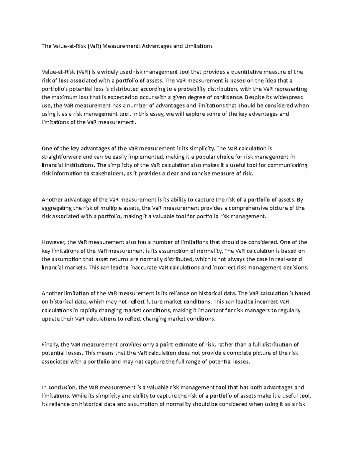 The Value - Lecture Notes - The Value-at-Risk (VaR) Measurement ...