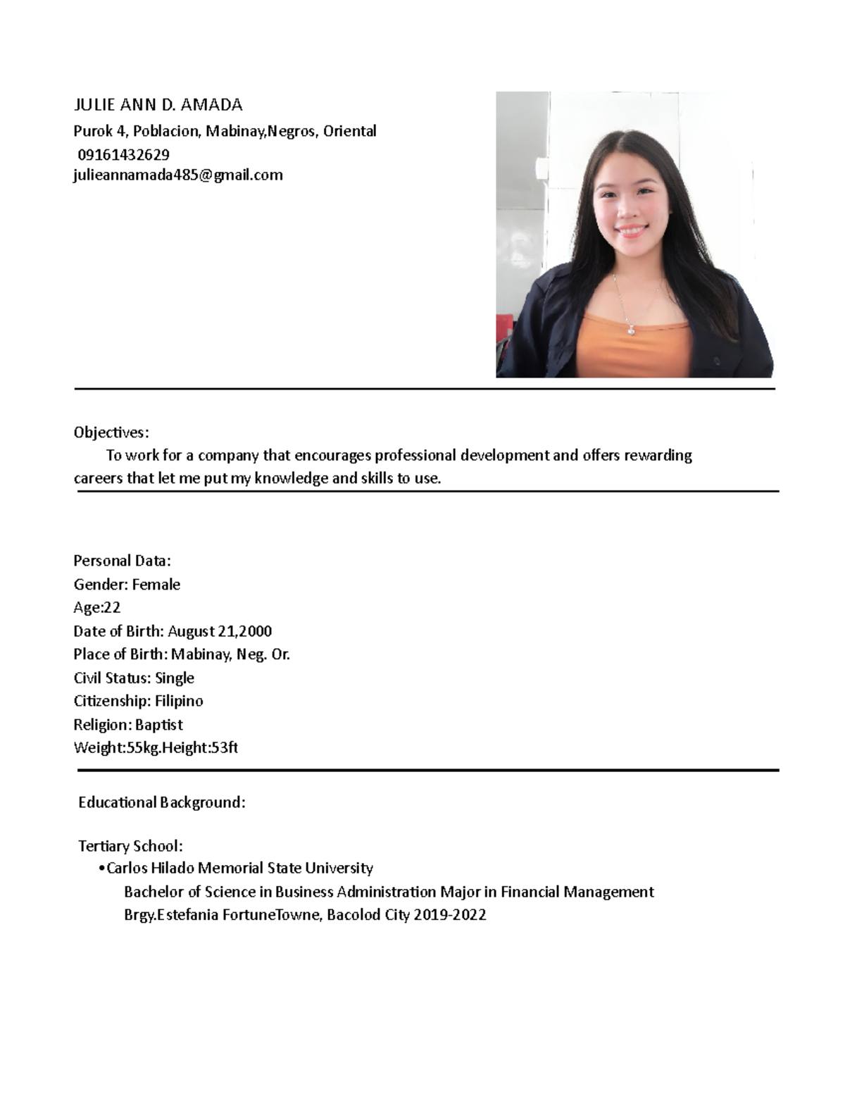 Digdig-Jonah-M- Resume - JULIE ANN D. AMADA Purok 4, Poblacion, Mabinay ...