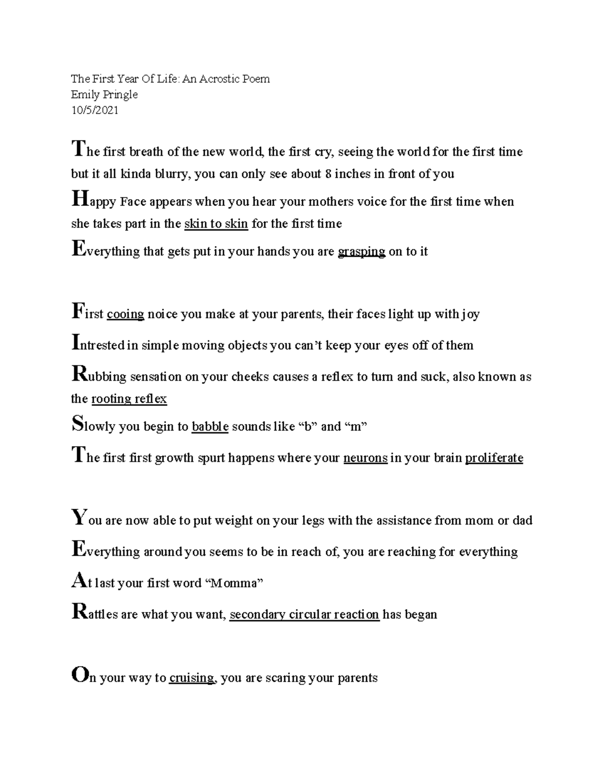 Artifacts - The First Year Of Life: An Acrostic Poem Emily Pringle 10/5 ...