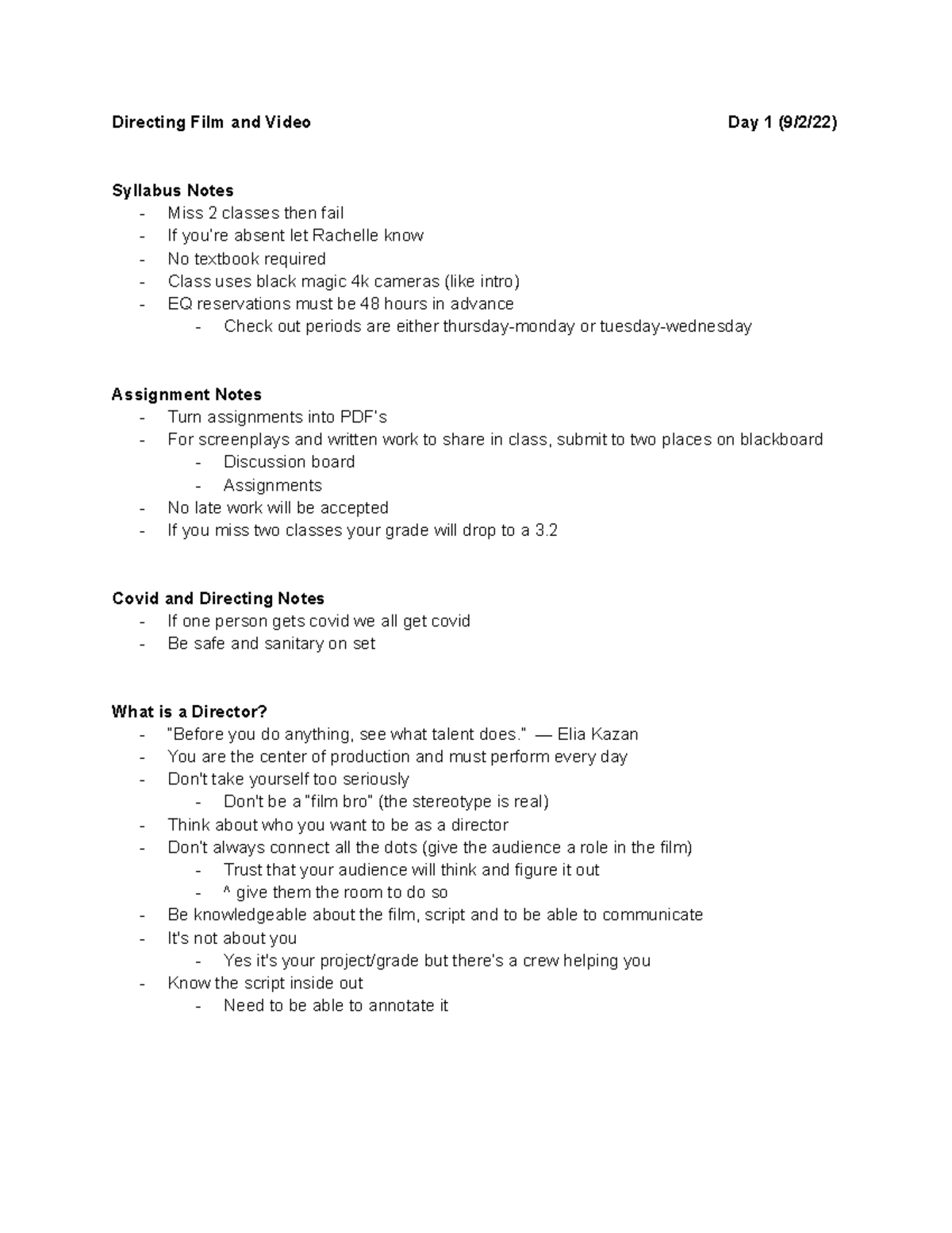 Directing Class 1 Notes - Directing Film and Video Day 1 (9/2/22 ...