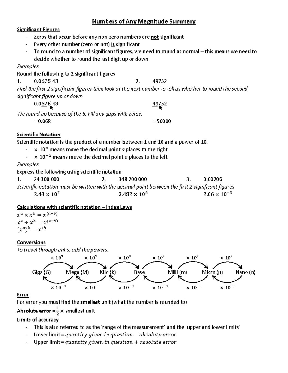 Numbers Summary - Numbers of Any Magnitude Summary Significant Figures ...