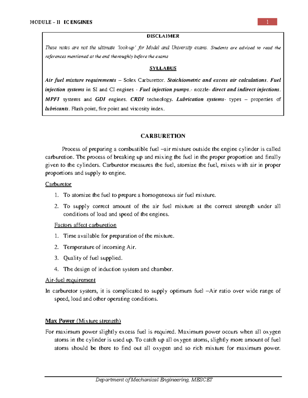 IC Engines Module-II full - DISCLAIMER These notes are not the ultimate ...