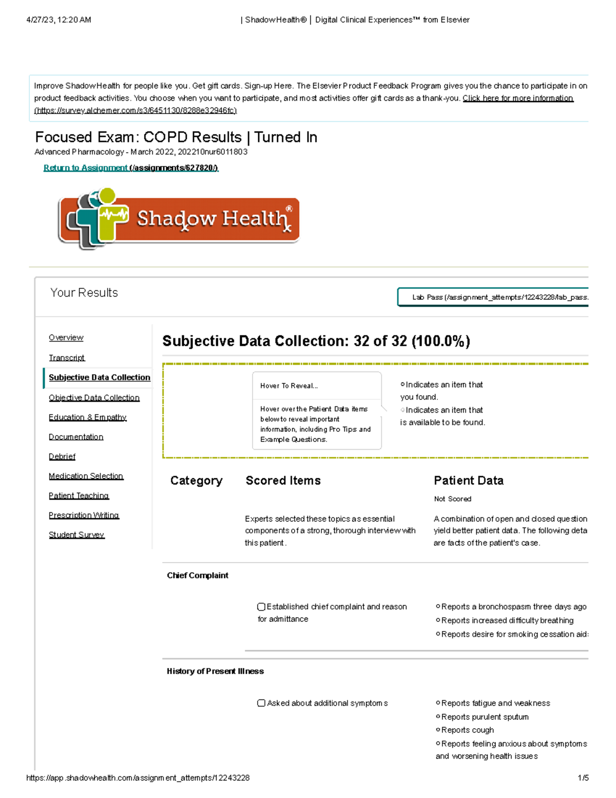 3 Shadow Health │ Subjective Data - Focused Exam: COPD Results | Turned ...