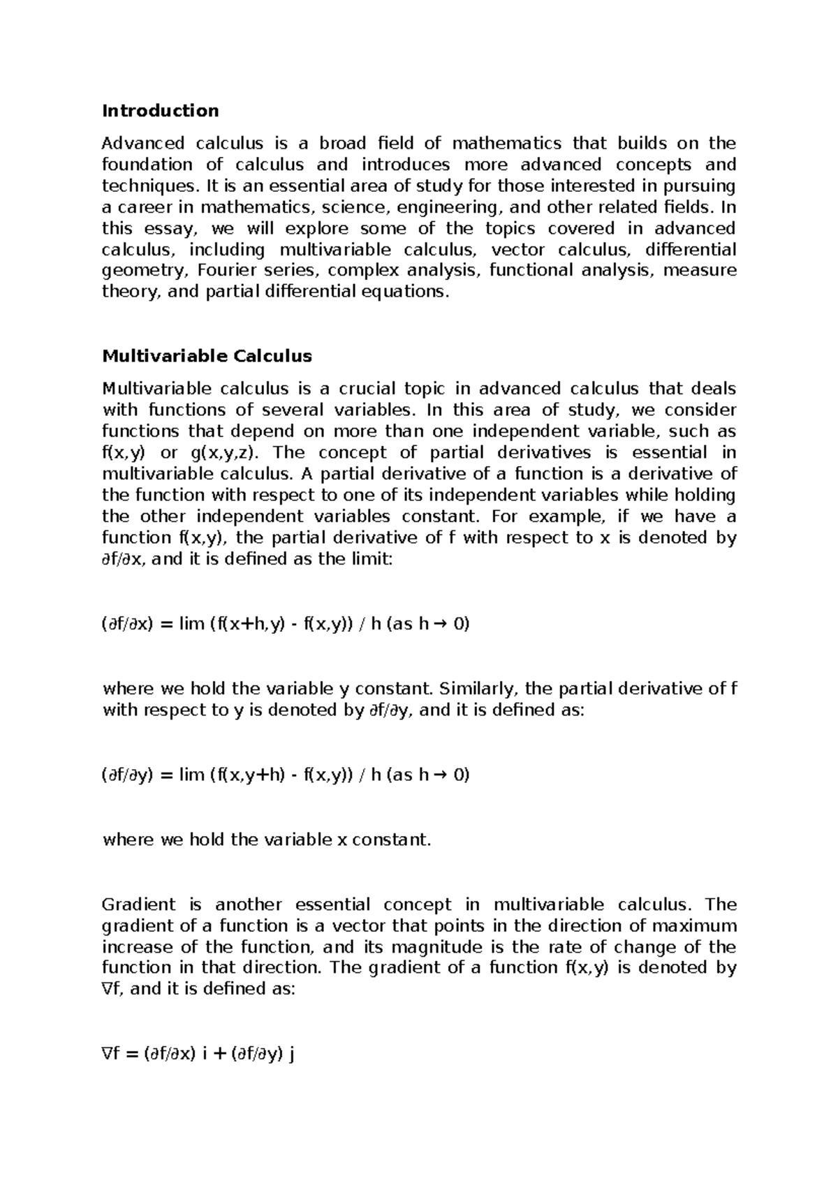 Advance calculus (MATH265) - Introduction Advanced calculus is a broad ...