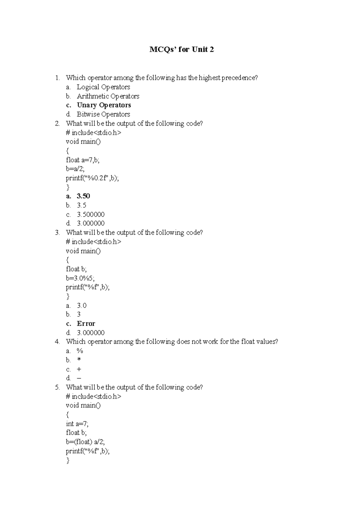 PPS Unit-2 MCQ - MCQs’ for Unit 2 1. Which operator among the following ...