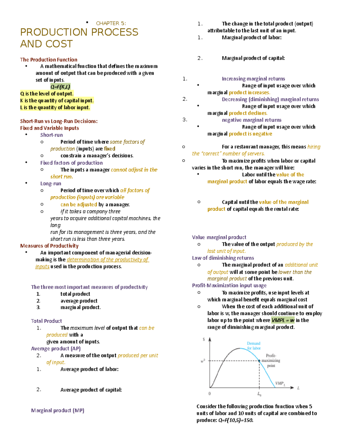 ECON Chapter 5 - ECONOMICS - CHAPTER 5: PRODUCTION PROCESS AND COST The ...