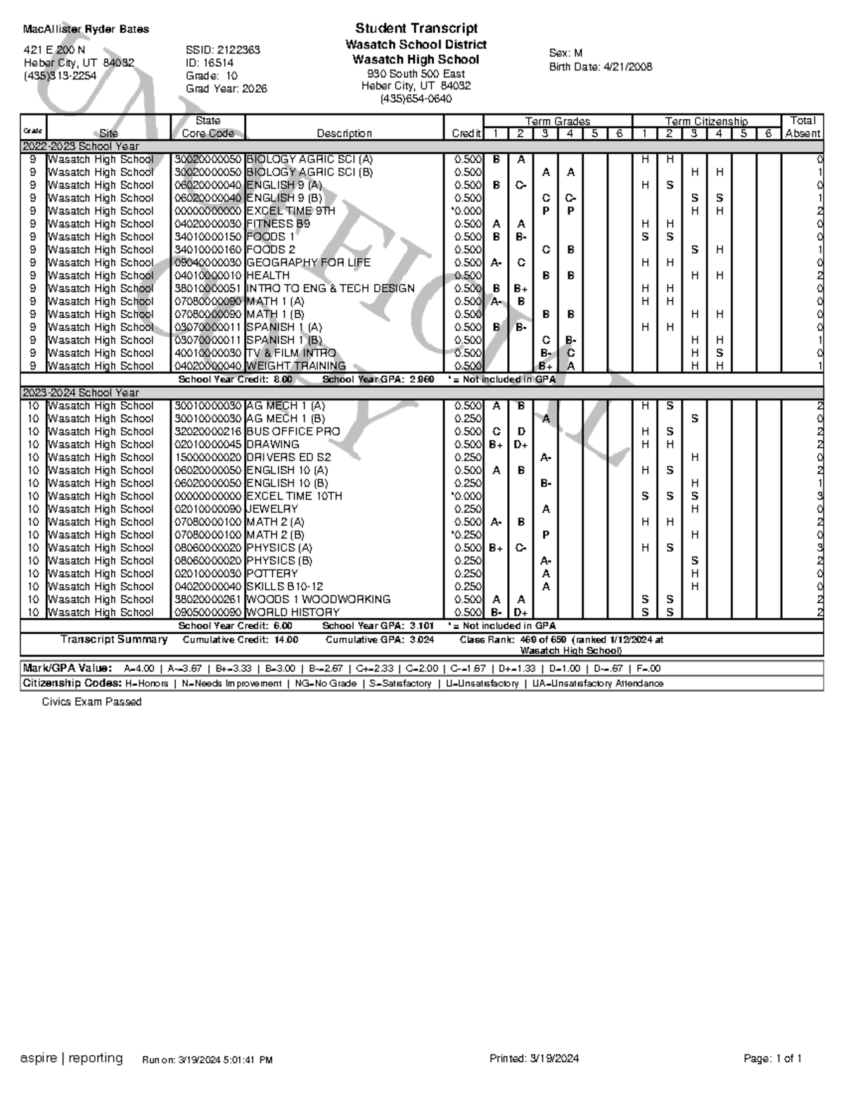 Student Transcript - MacAllister Ryder Bates Student Transcript Birth ...