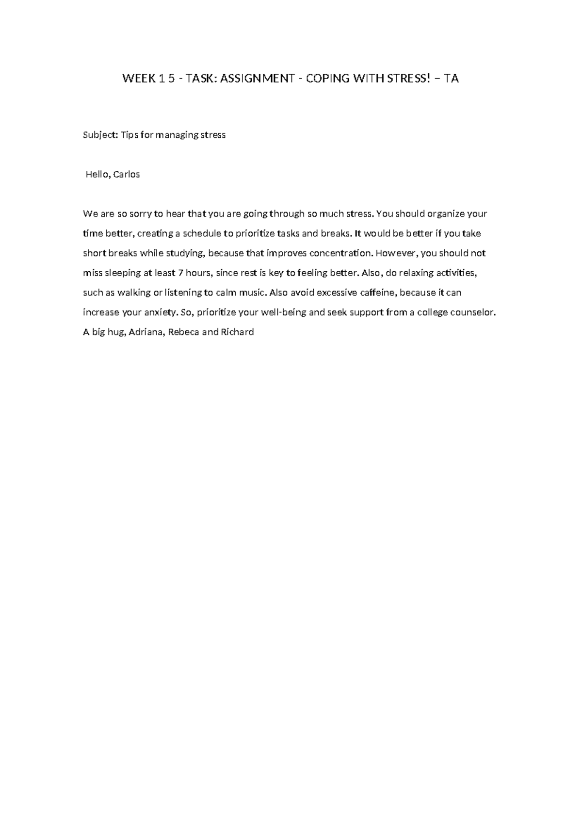 WEEK 1 5 - Tarea de ingles semana 15 resuelto - WEEK 1 5 - TASK: ASSIGNMENT - COPING WITH STRESS ...