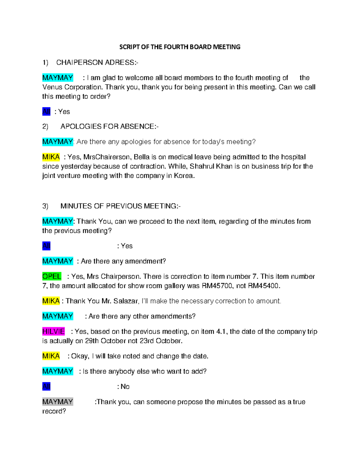 Board Meeting - role play mani namo - SCRIPT OF THE FOURTH BOARD ...