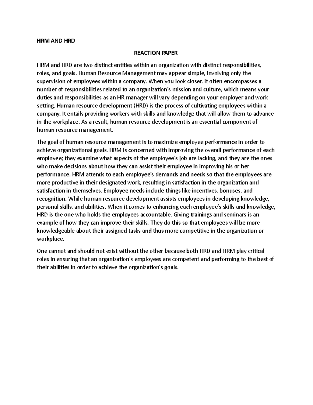 HRM AND HRD Reaction Paper - HRM AND HRD REACTION PAPER HRM and HRD are ...
