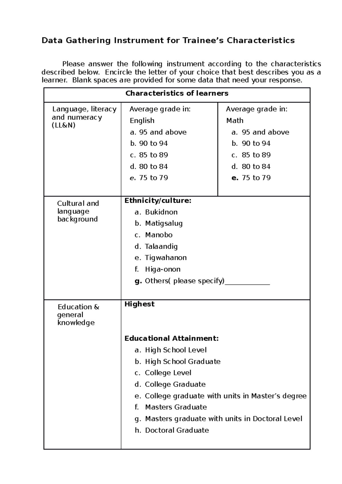 1 Data Gathering Instrument - Encircle the letter of your choice that ...