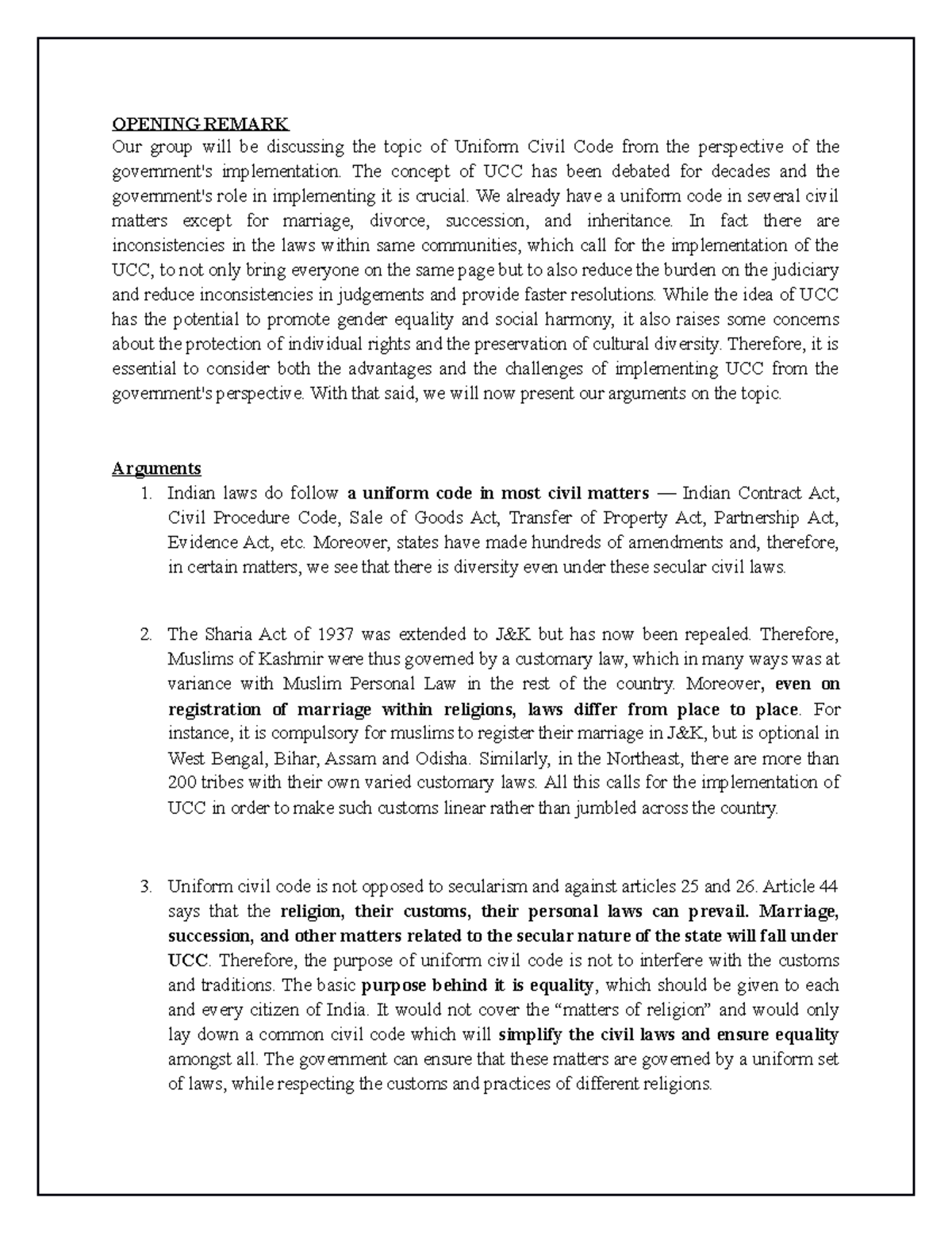 UCC Debate Pointers - OPENING REMARK Our group will be discussing the ...