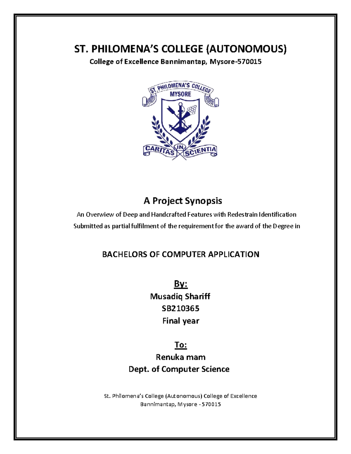 Synopsis report - final year project - ST. PHILOMENA’S COLLEGE ...
