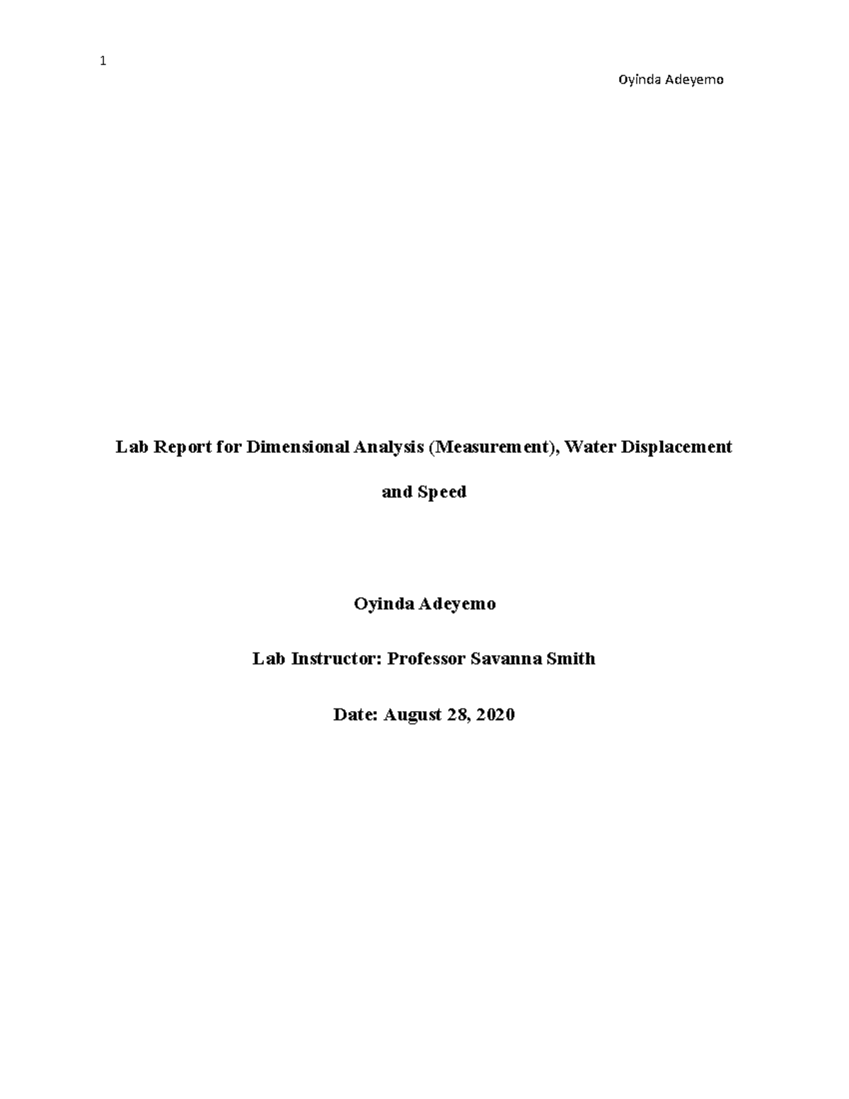 Dimensional Analysis and Speed Lab Report - Lab Report for Dimensional ...