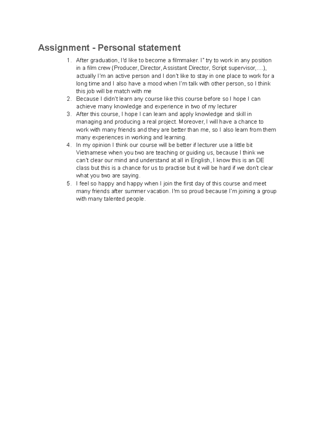 Tài liệu không có tiêu đề - Assignment - Personal statement After ...