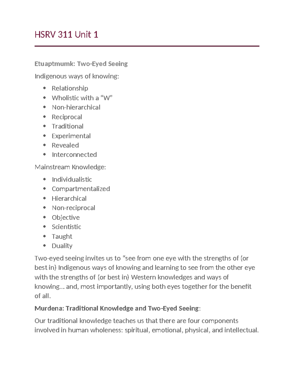HSRV 311 Unit 1 - Notes on Unit 1 - HSRV 311 Unit 1 Etuaptmumk: Two ...