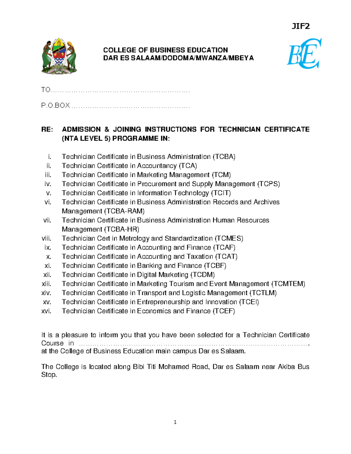 CBE Joining Instruction FOR Diploma 1 September Intake 2023-2024 JIF2 ...
