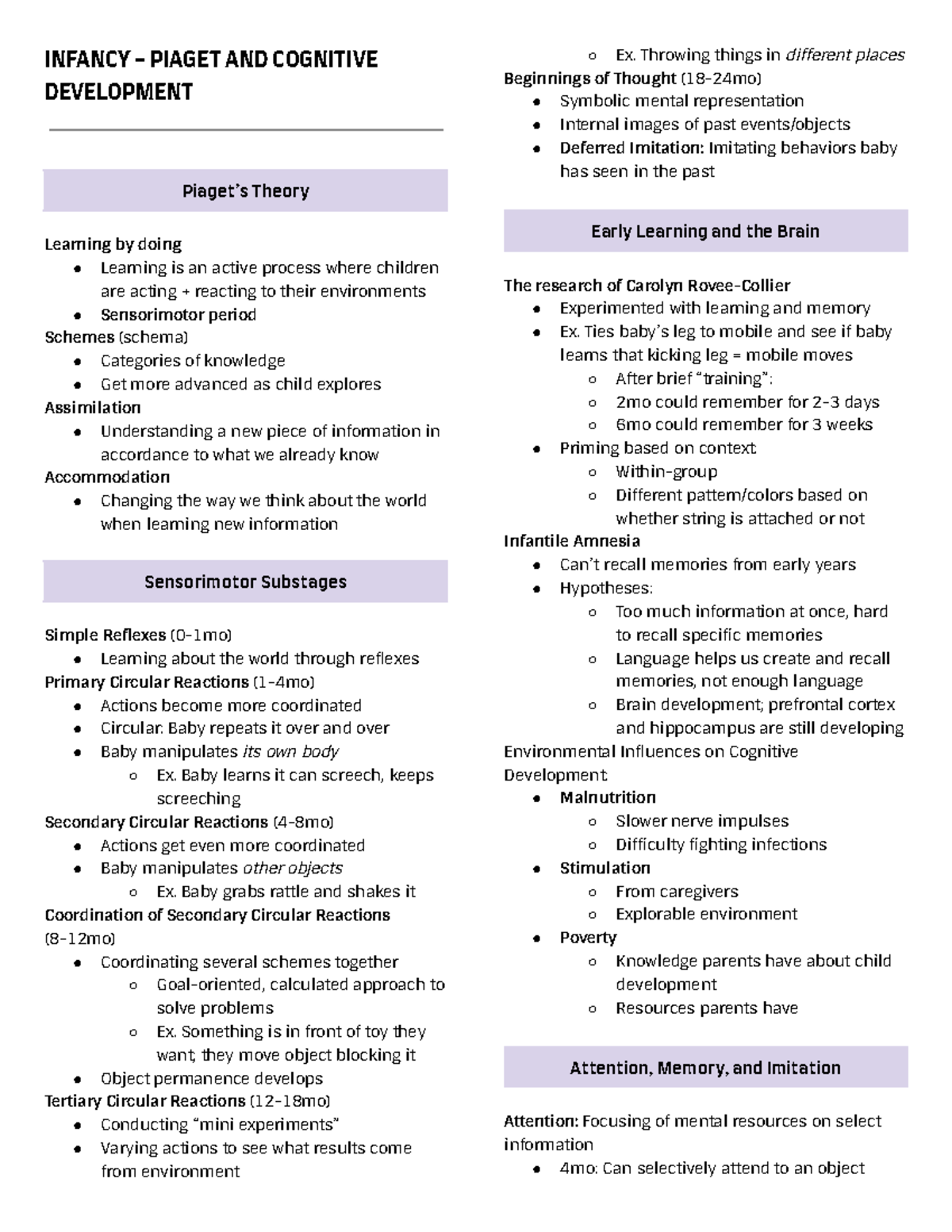 PSY Notes 6 - Infant Piaget and Cognitive Development - INFANCY ...