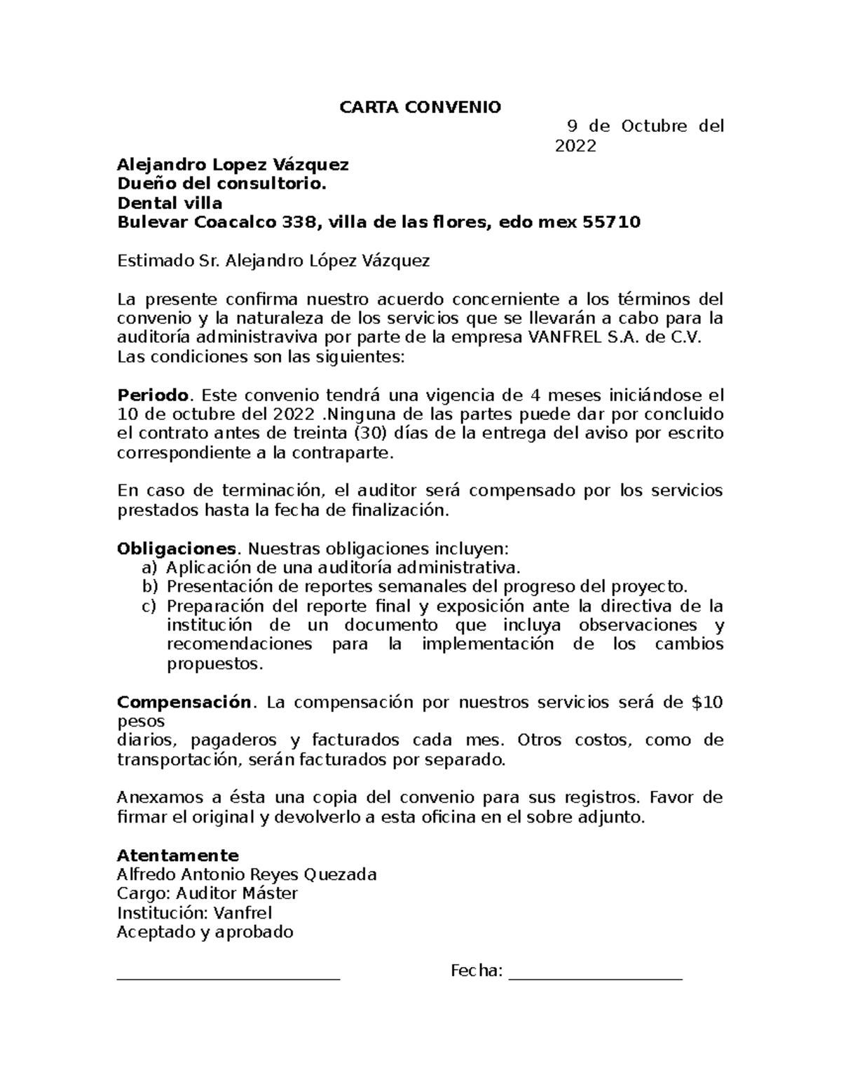 Carta convenio 2 - CARTA CONVENIO 9 de Octubre del 2022 Alejandro Lopez ...
