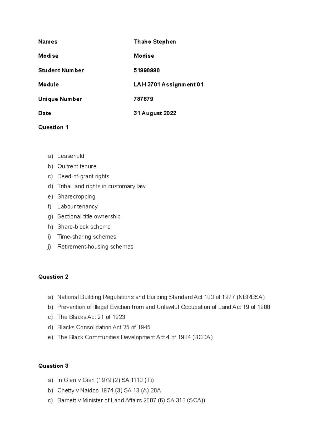 51998998 LAH 3701 Assignment 01 August 2022 - Names Thabo Stephen ...