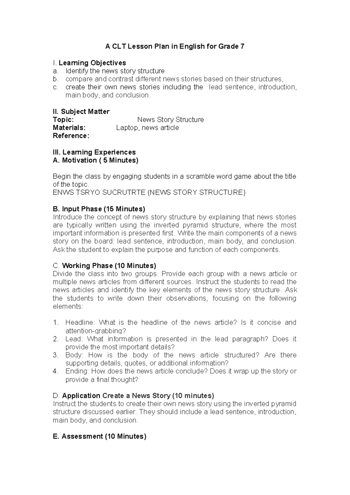 A CLT Lesson Plan in English for Grade 7 - Learning Objectives a ...