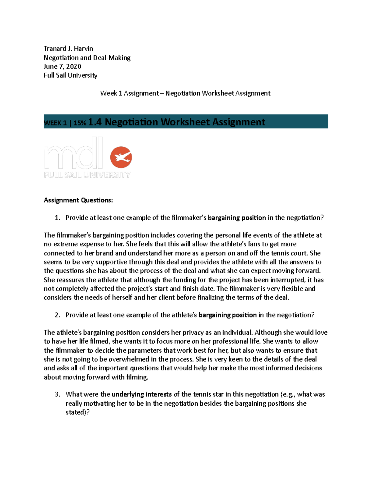 Negotiation Worksheet Assignment - Studocu