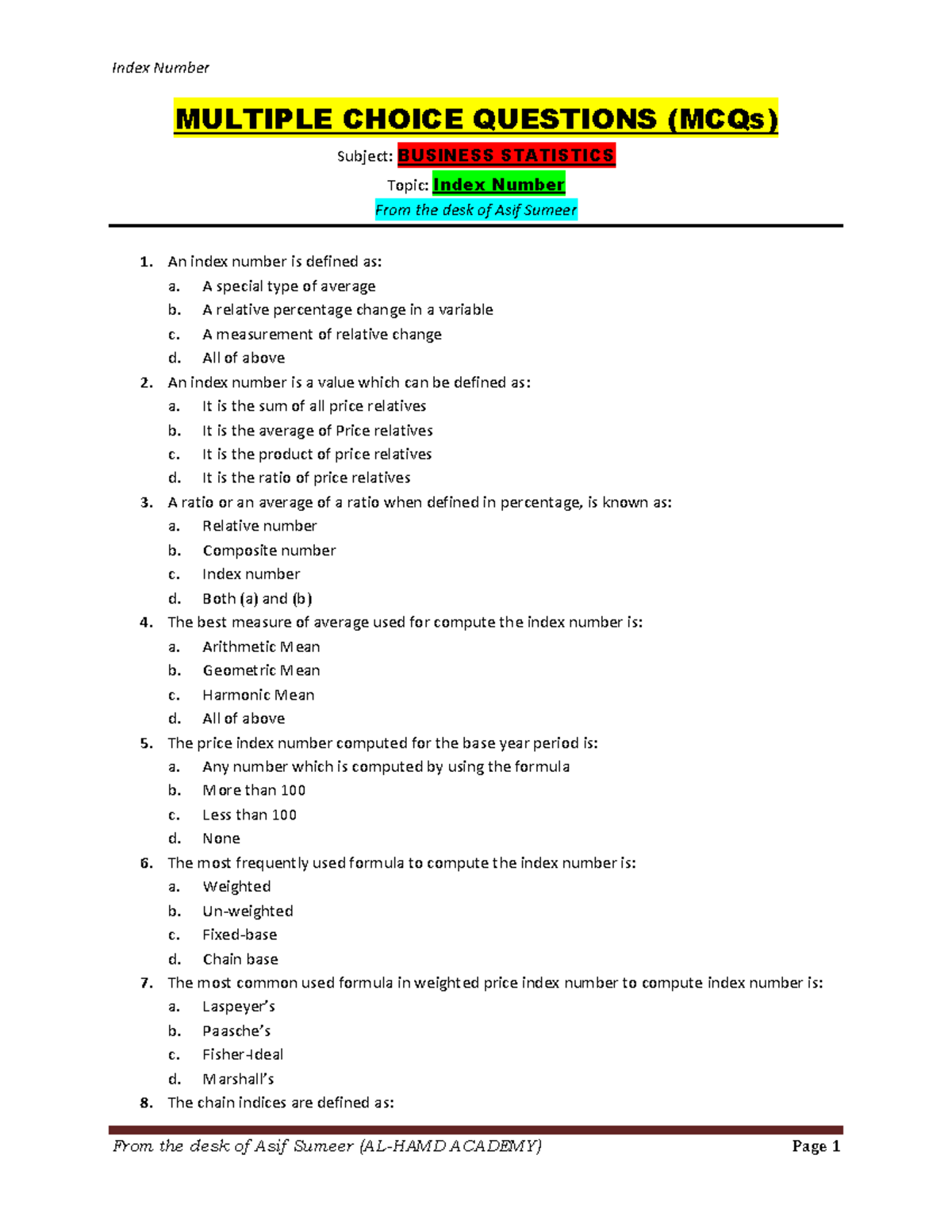 MCQ-Index Number - MULTIPLE CHOICE QUESTIONS (MCQs) Subject: BUSINESS ...