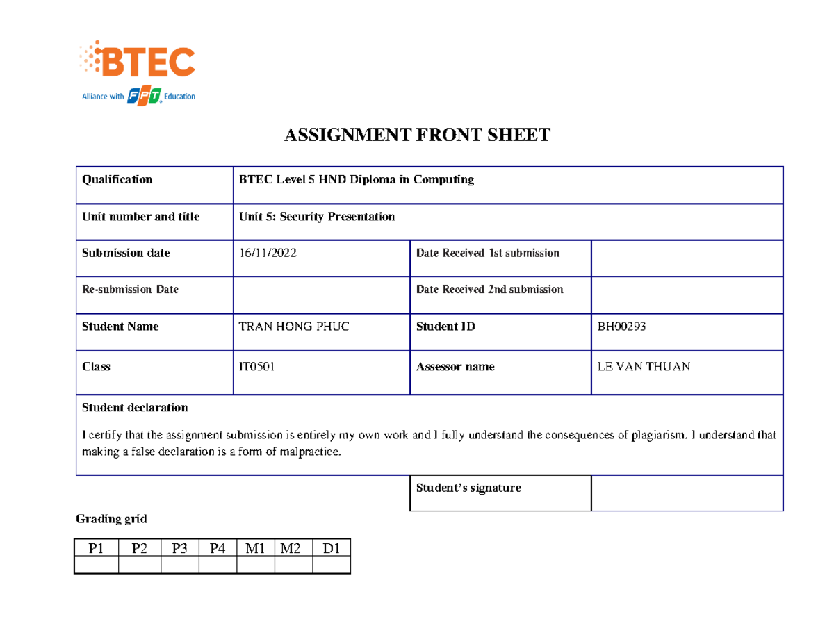 Security - mkkol - ASSIGNMENT FRONT SHEET Qualification BTEC Level 5 HND Diploma in Computing ...