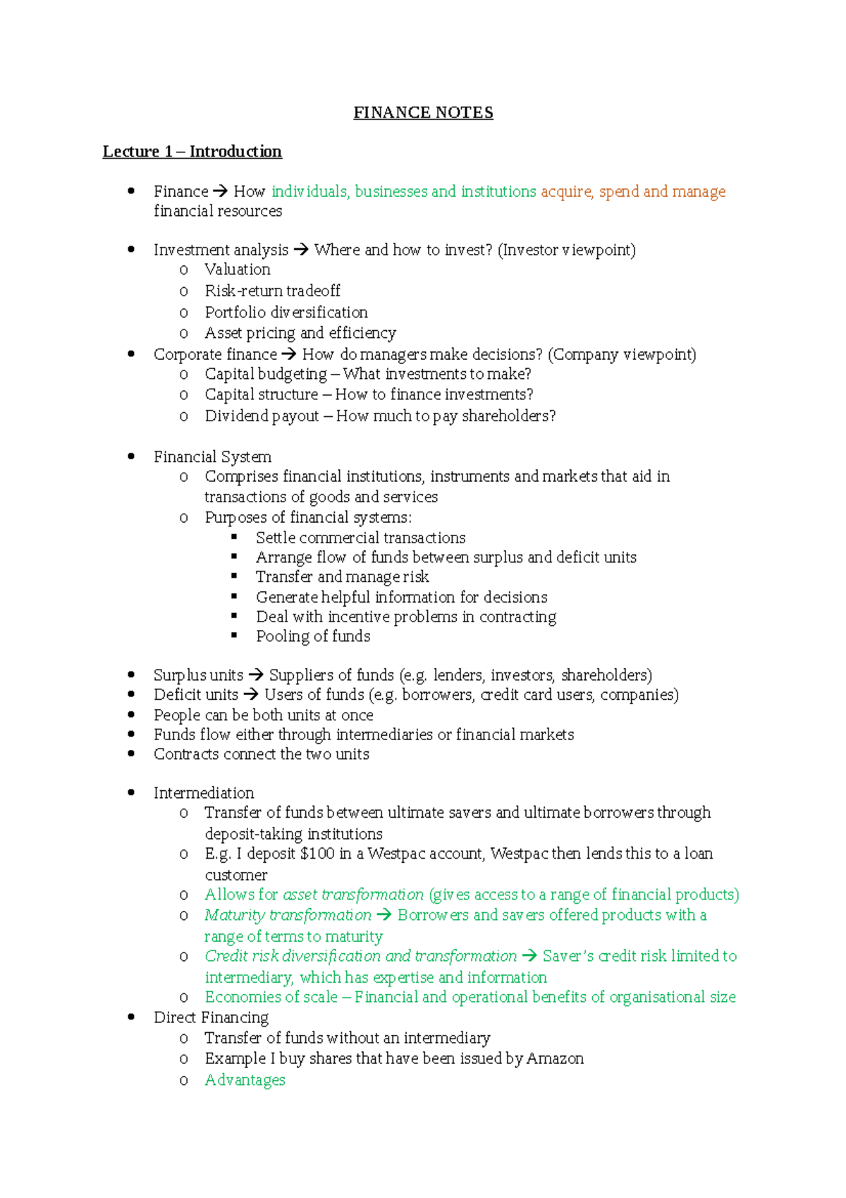 Finance notes from week 5 - 8 - FINANCE NOTES Lecture 1 – Introduction ...