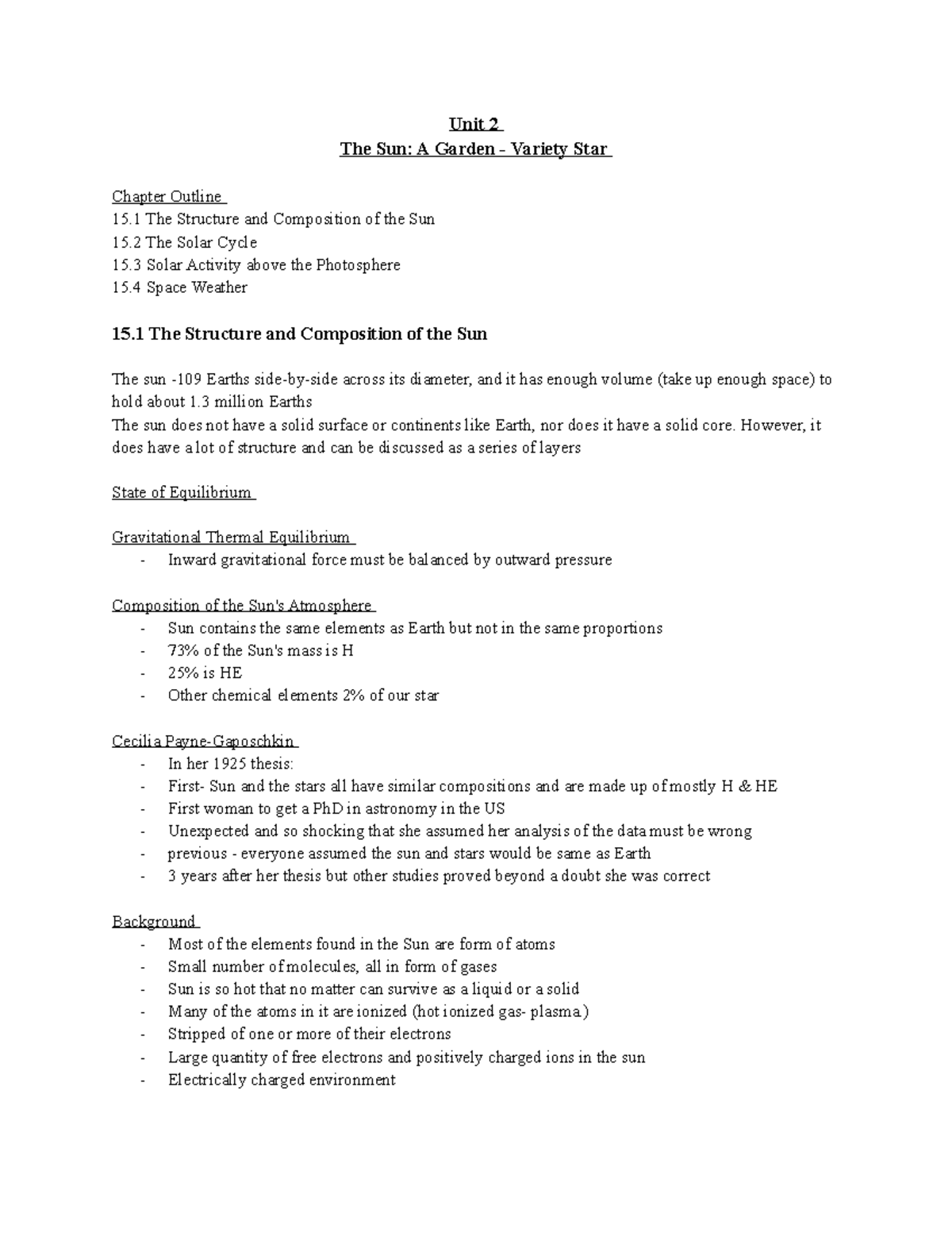Unit 2 - lecture slide notes with additional info - Unit 2 The Sun: A ...