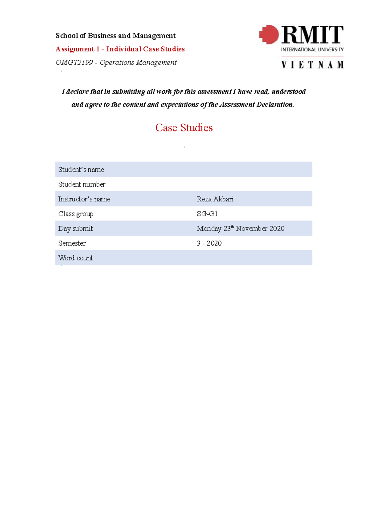 Week 4 Draft Submission Assessment 1 Individual Case Studies - School ...