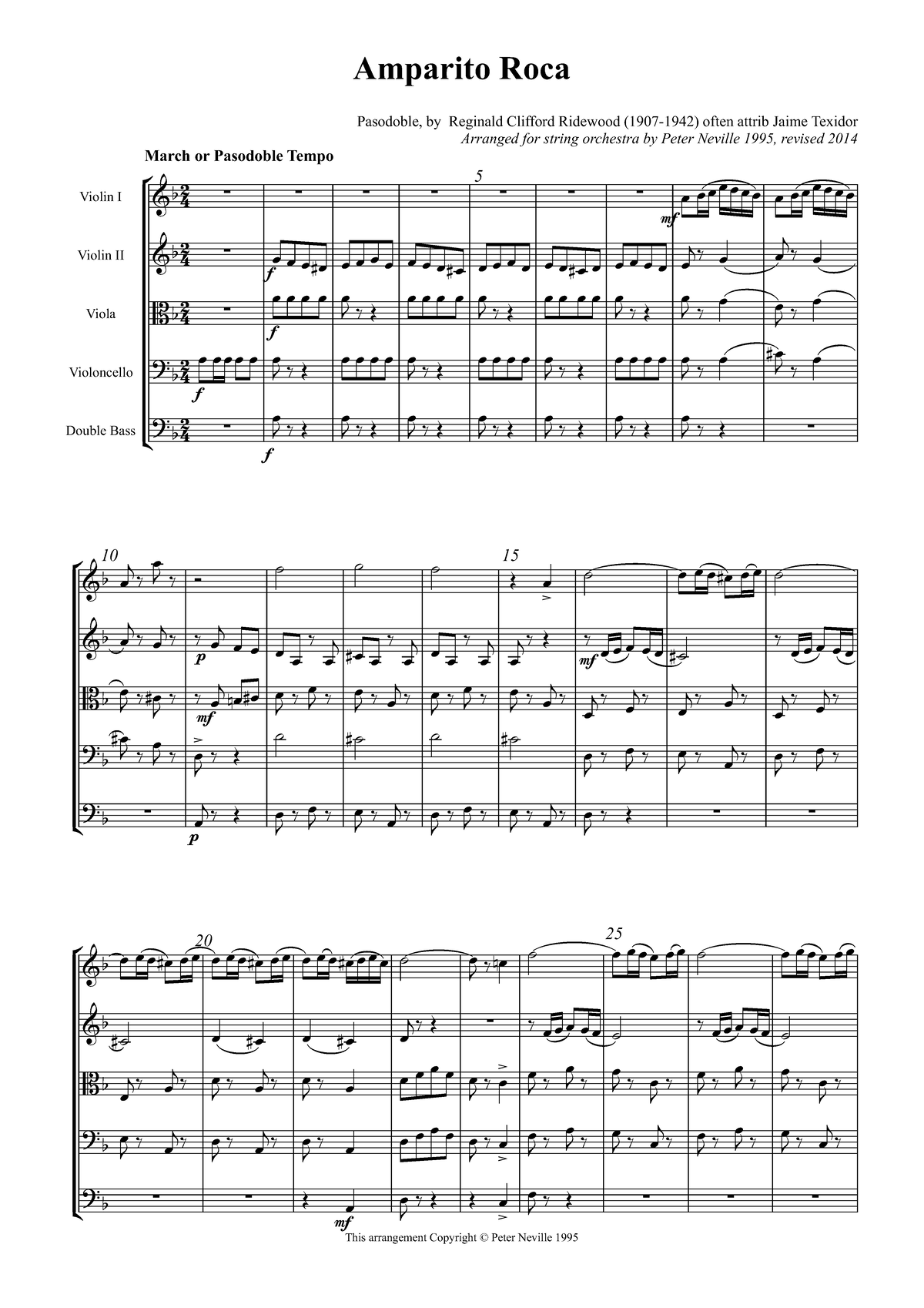 Amparito Roca stringquintet Sc - ° ¢ ° ¢ ° ¢ March or Pasodoble Tempo This arrangement Copyright ...
