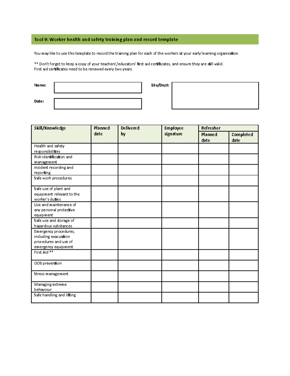 Tool 9 Worker training plan and record template - Tool 9: Worker health ...