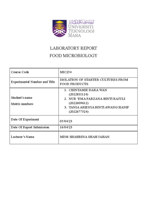 Lab report 1 MIC254 - LAB REPORT 1 MIC 254 ISOLATION OF STARTER ...