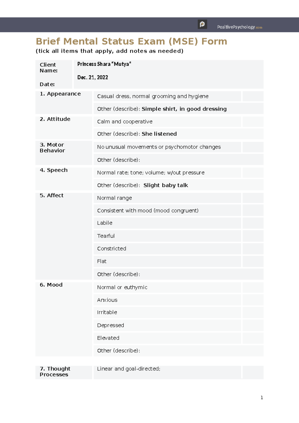 Brief Mental Status Exam MSE Form - Brief Mental Status Exam (MSE) Form ...