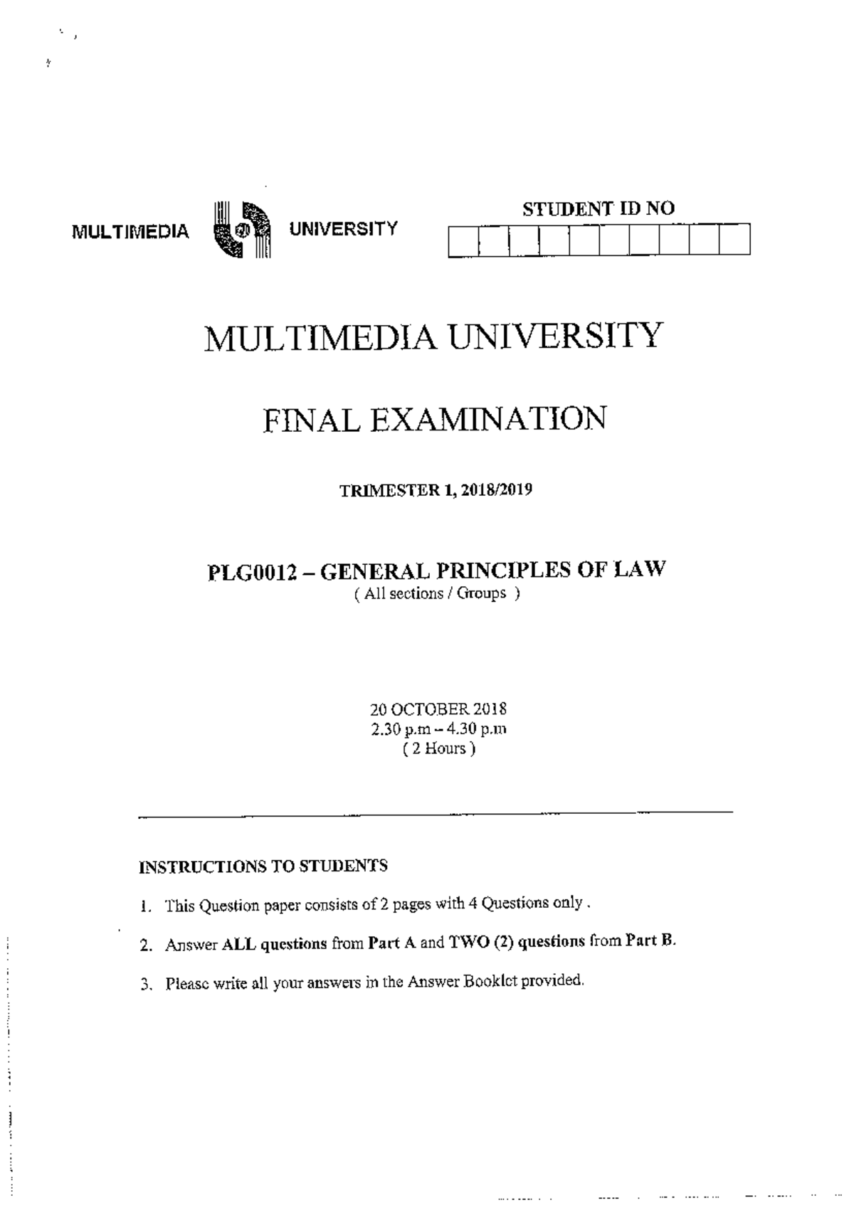 General Principle of Law past year paper - Studocu