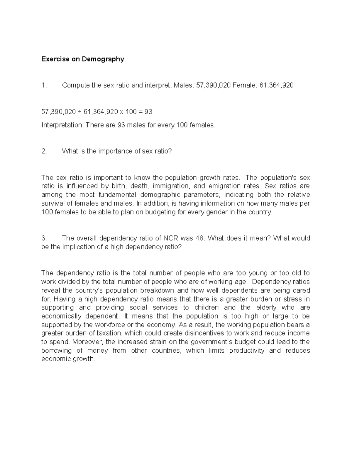 Assignment 1 - Exercise on Demography Compute the sex ratio and ...