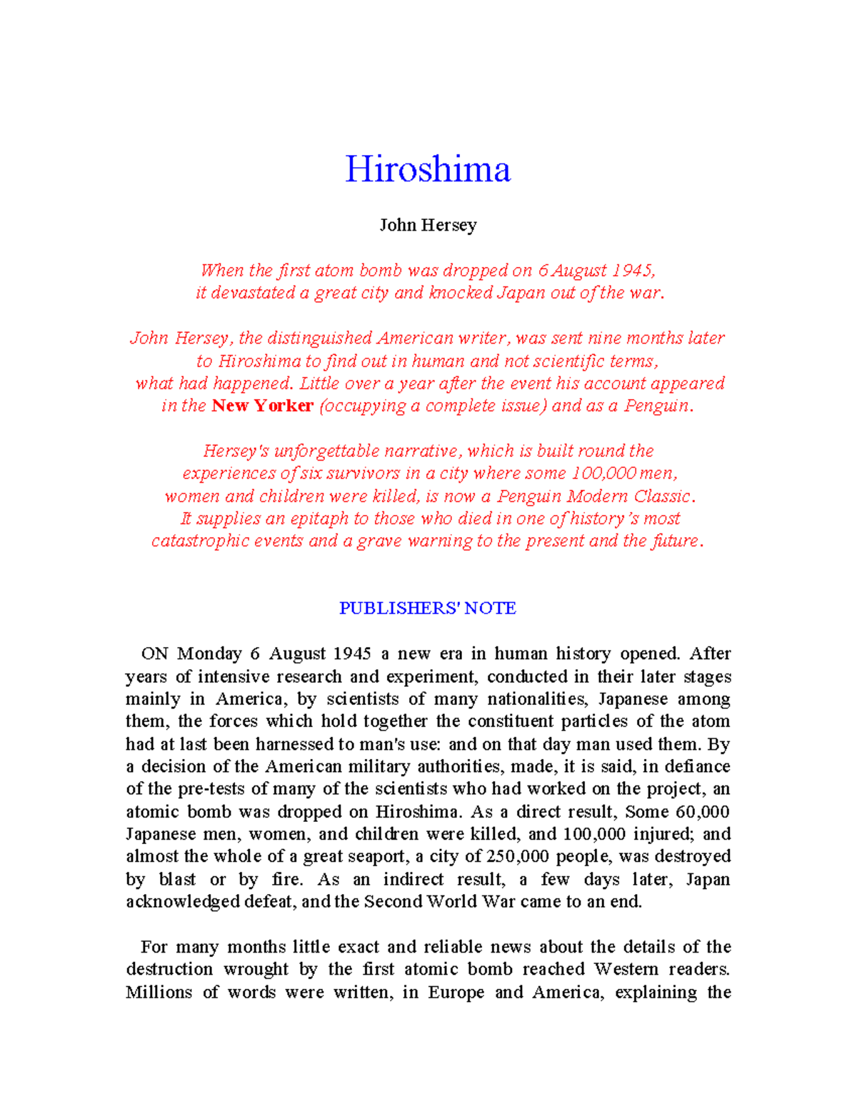 Hiroshima hersey - Hiroshima John Hersey When the first atom bomb was ...