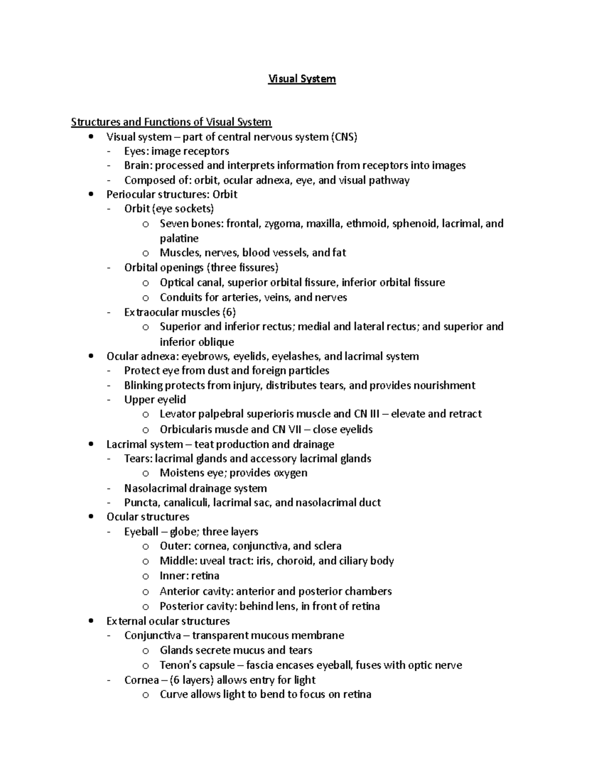Visual System notes - Visual System Structures and Functions of Visual ...