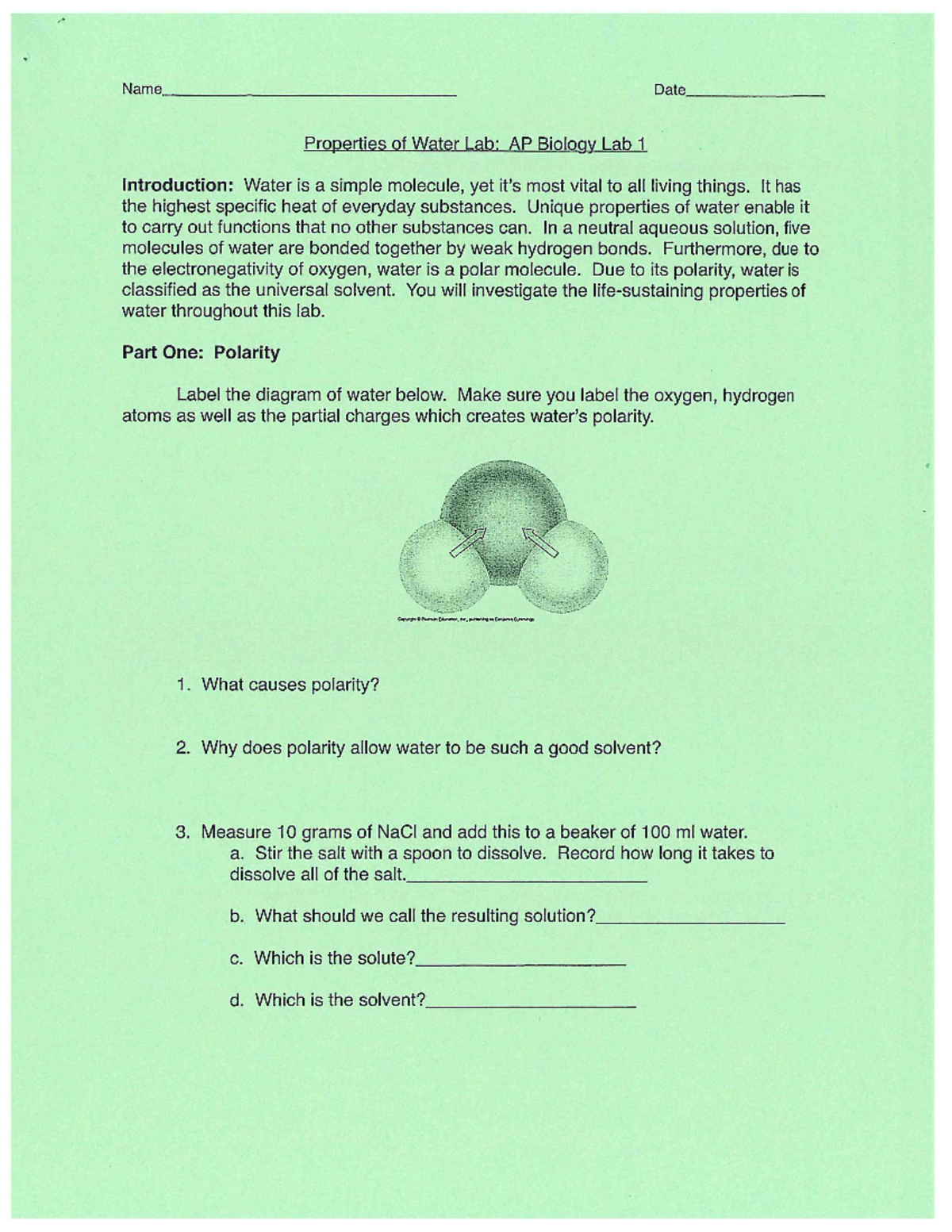 Water Lab( Adhesion, Cohesion, Capillarity) LAB - Name Date Properties ...