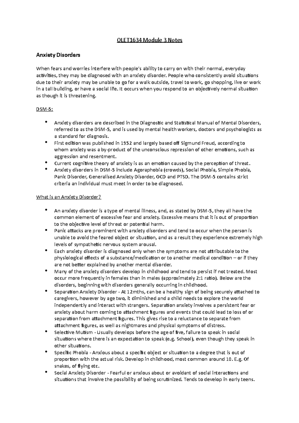 OLET1634 Module 3 Notes - OLET1634 Module 3 Notes Anxiety Disorders ...