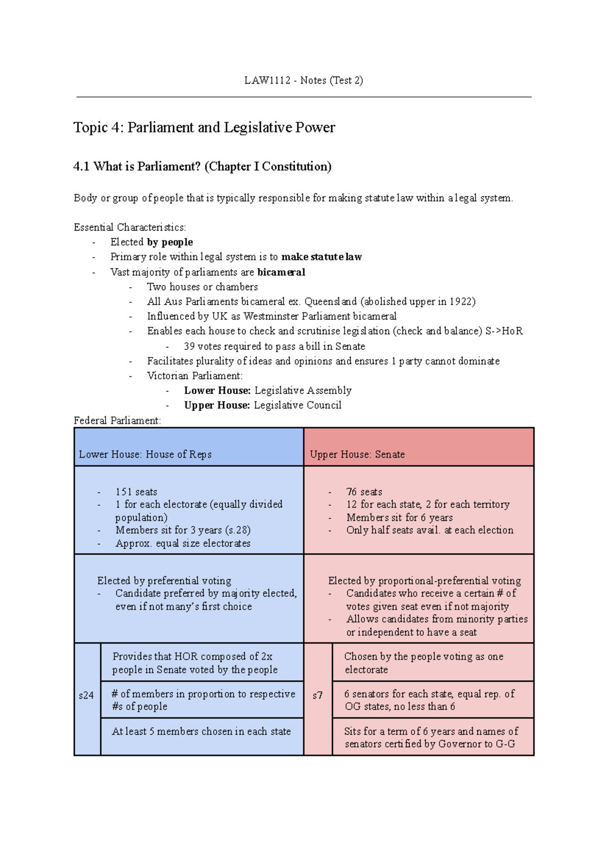 Quiz 2 notes - LAW1112 - Notes (Test 2) Topic 4: Parliament and ...