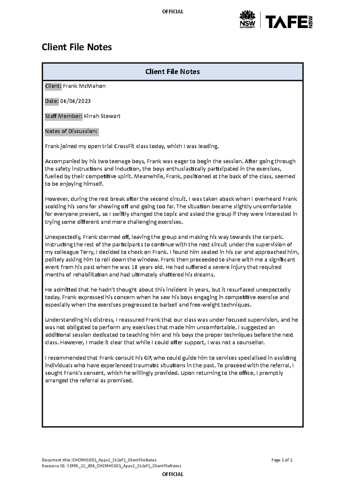 Role Play 3 - Client File Notes- Frank - OFFICIAL OFFICIAL Client File ...