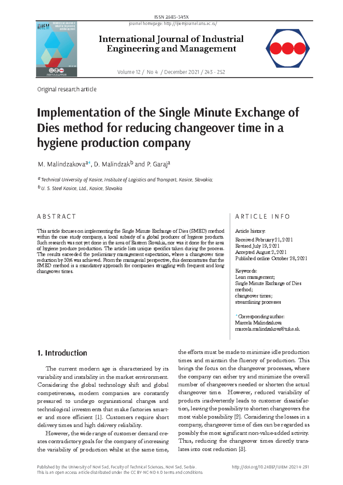 Implementation of the Single Minute Exchange of Dies method for ...