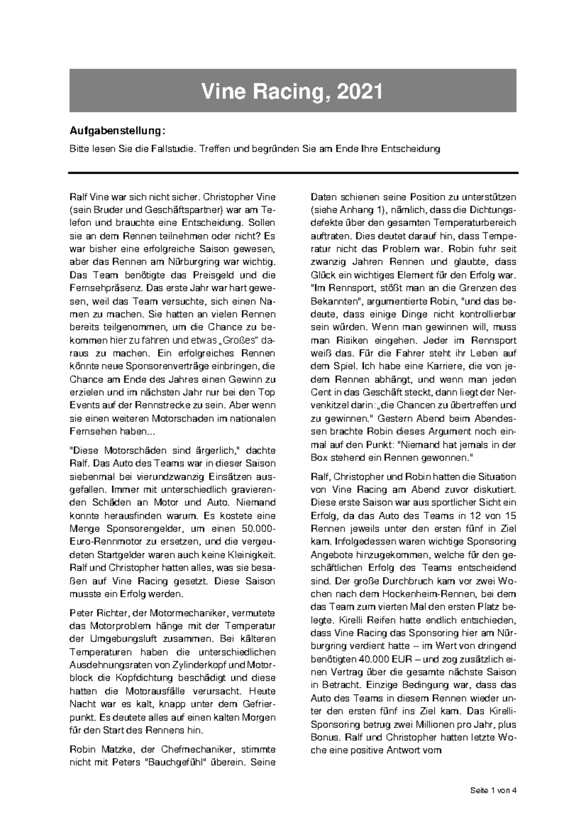 2021 Vine Racing - Übung zu den Case Studies 2021 - Vine Racing, 2021 ...