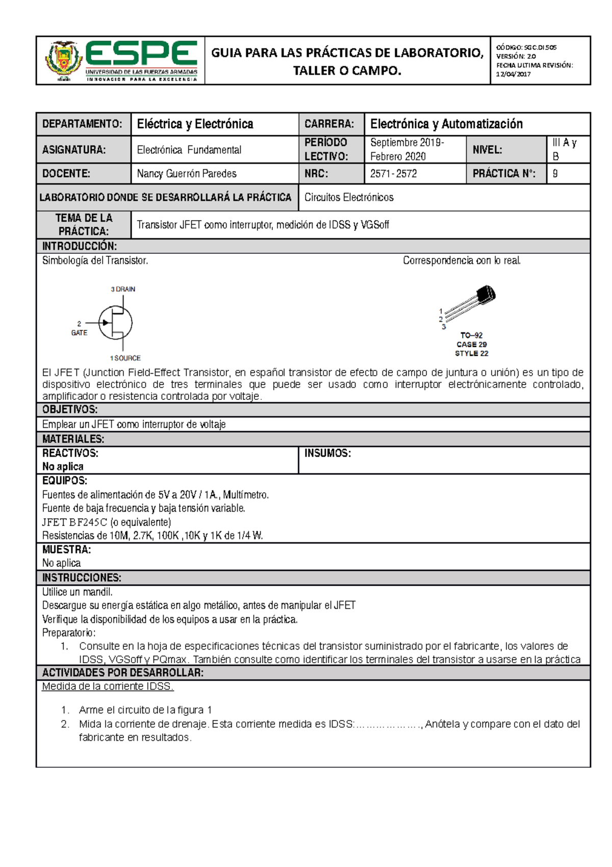 Laboratorio 8 JFET - GUIA PARA LAS PRÁCTICAS DE LABORATORIO, TALLER O CAMPO. CÓDIGO: SGC ...