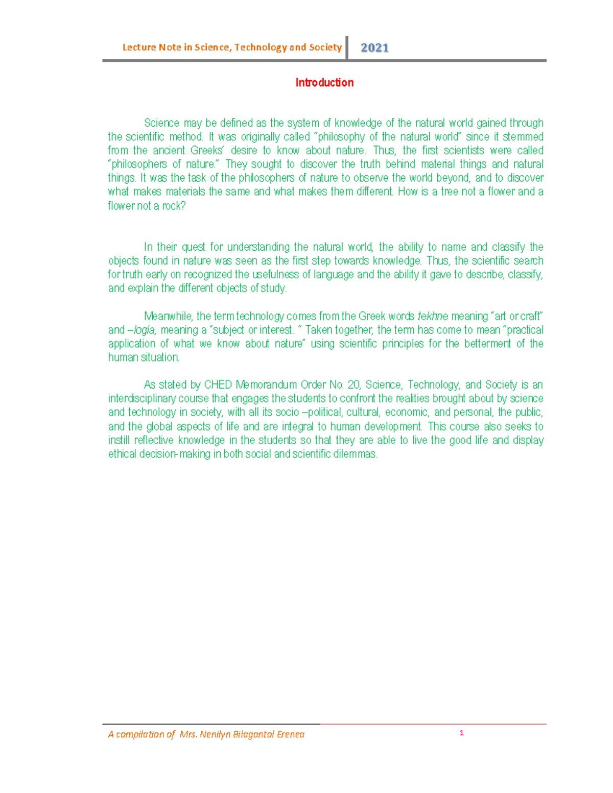 Lectures notes in science technology and society - Introduction Science ...