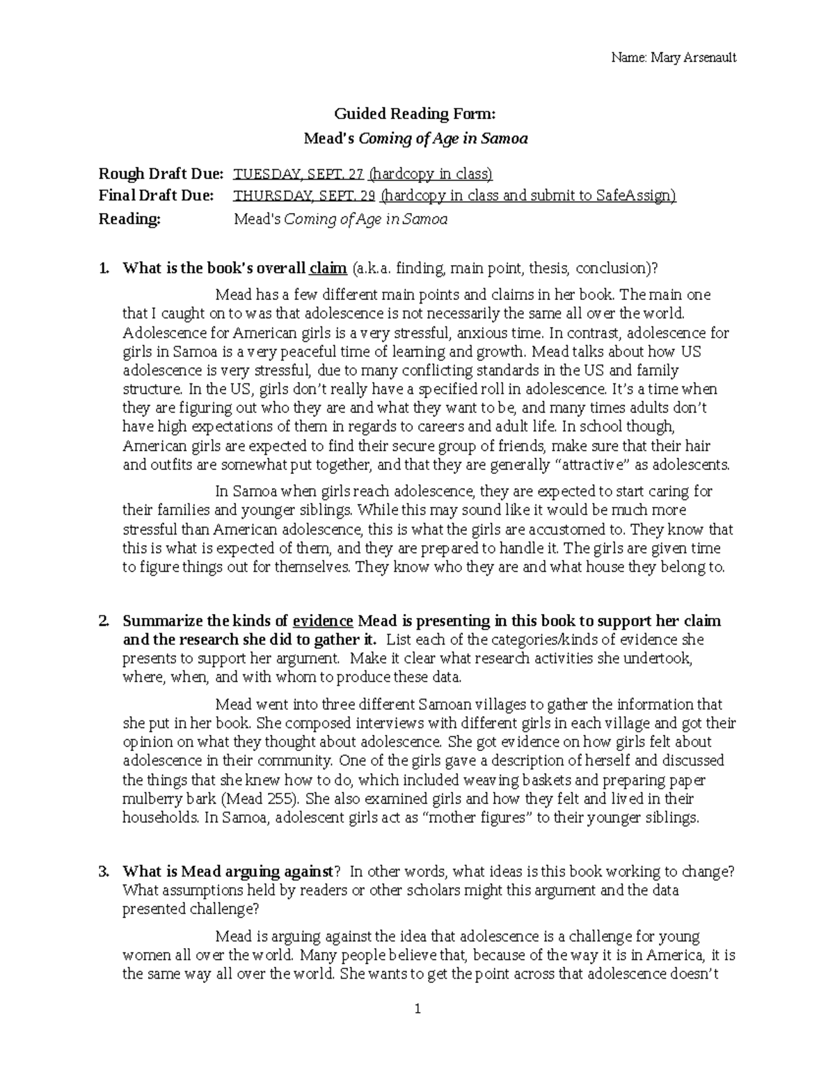 Coming of Age in Samoa - Chapin - Name: Mary Arsenault Guided Reading ...