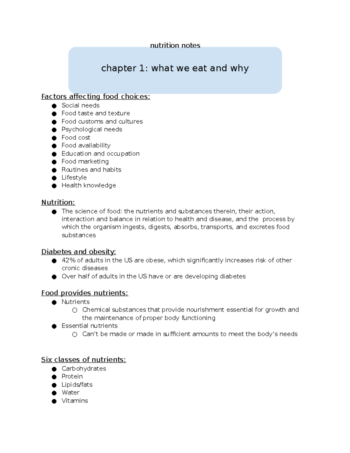 Chapter 1 what we eat - Lee Murphy - nutrition notes chapter 1: what we ...