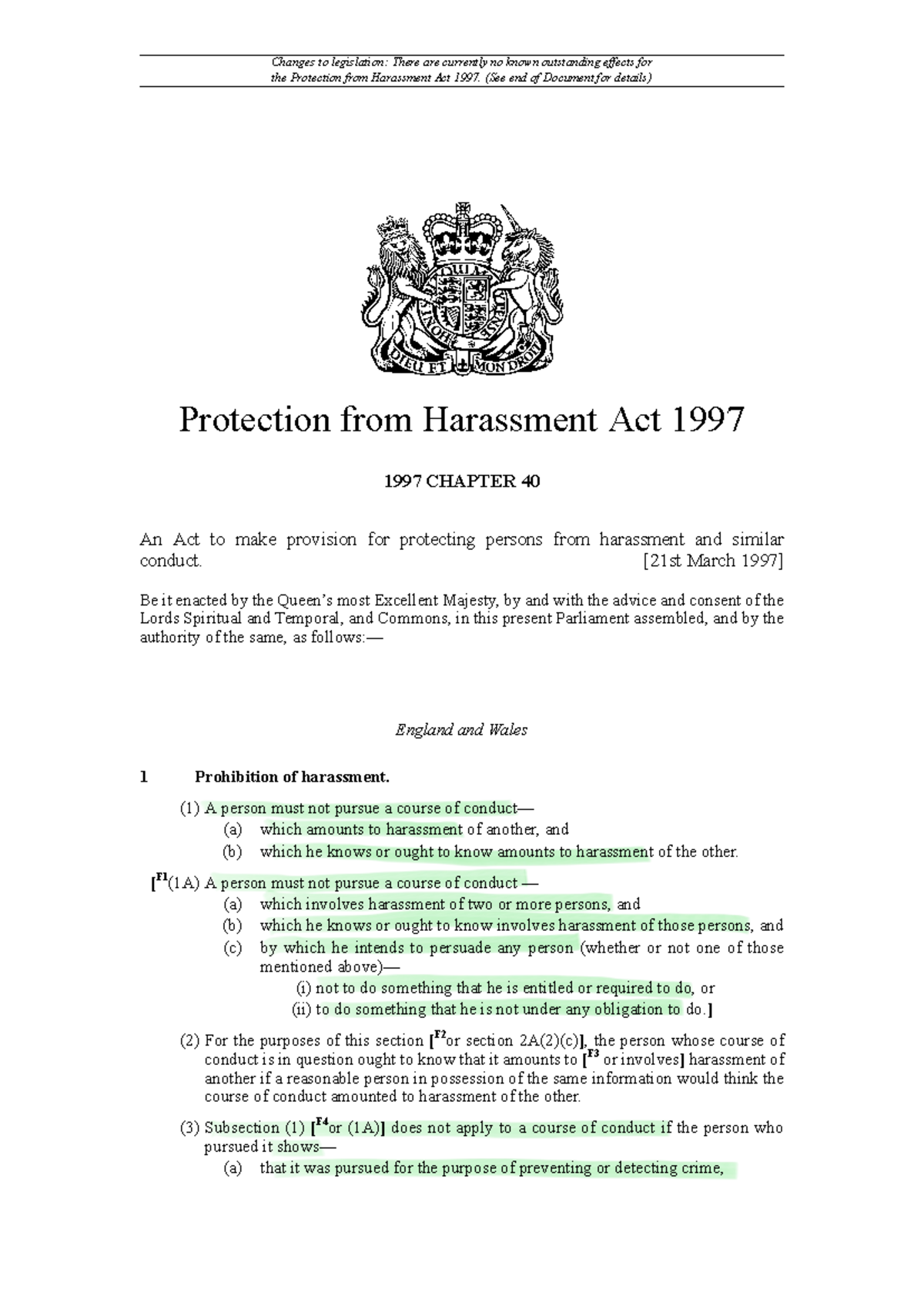 Protection from Harassment Act 1997 - (See end of Document for details ...